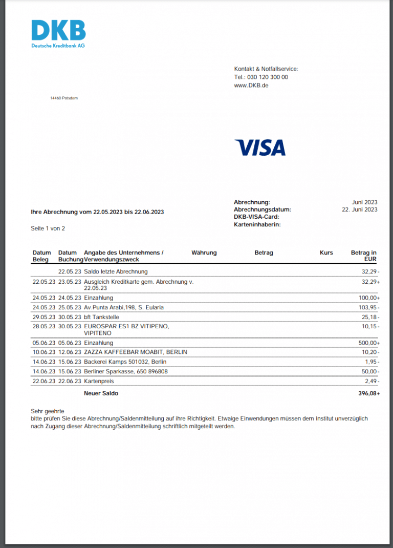 Visa Card Abrechnung
