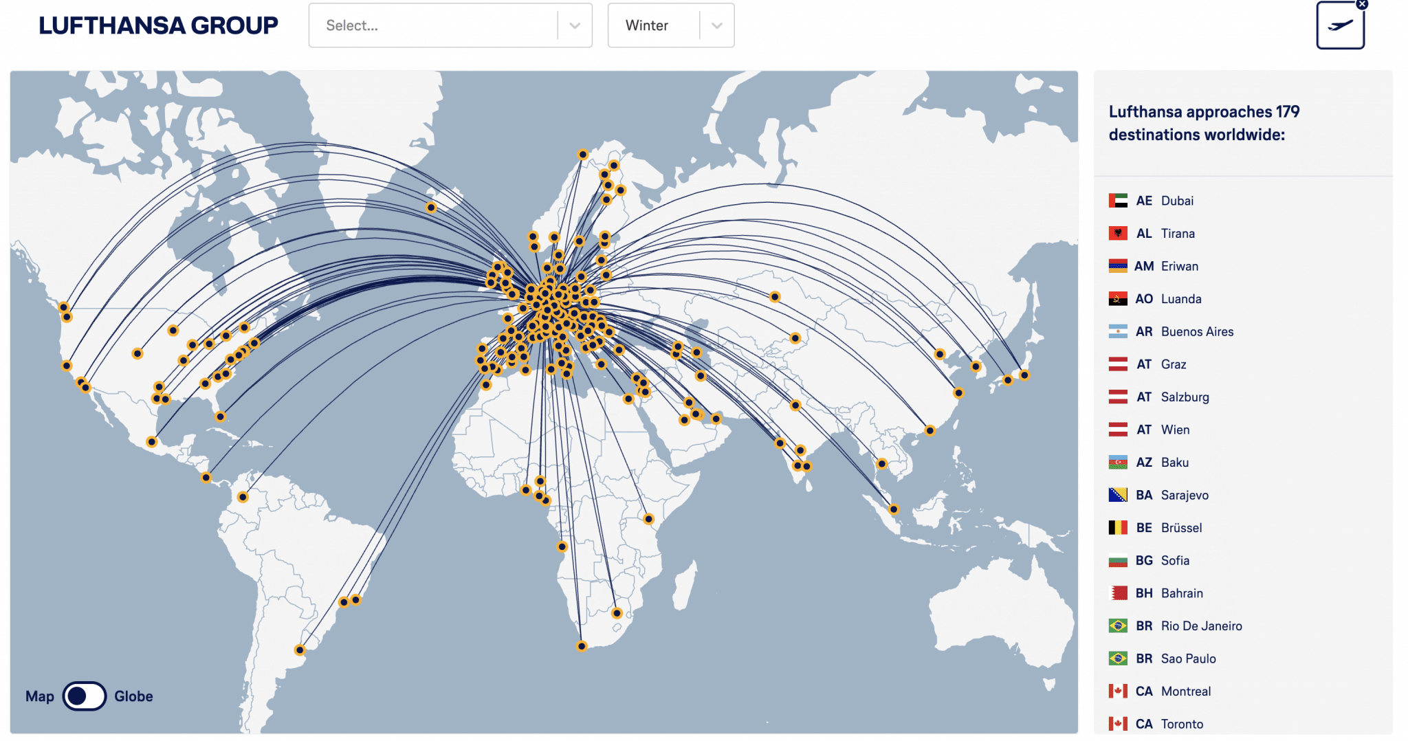 Lufthansa: Streckennetz in der Übersicht mit interaktivem Tool